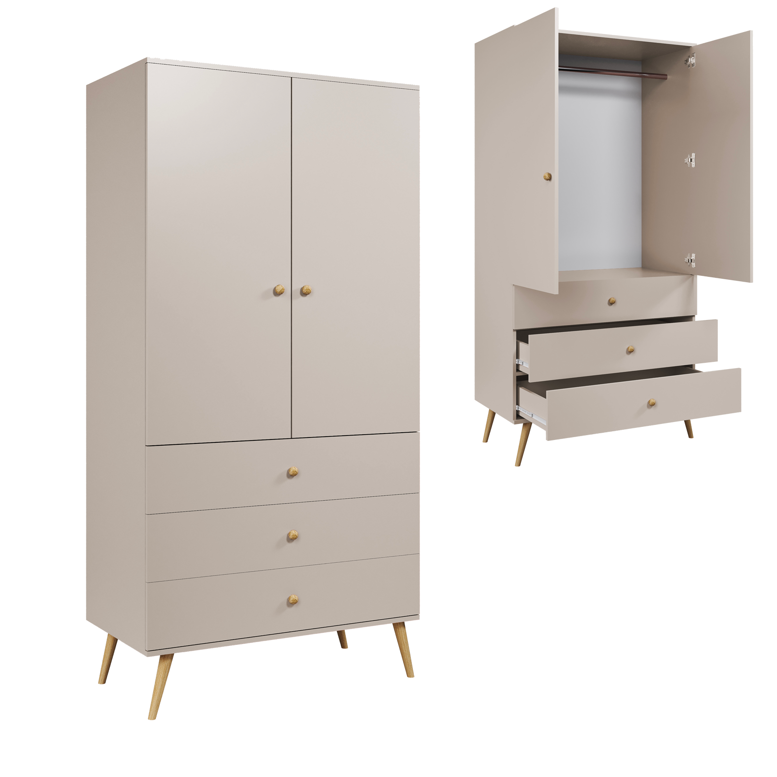 Szafa głęboka BOHO z szufladami i drążkiem na drewnianych nogach 202 ...